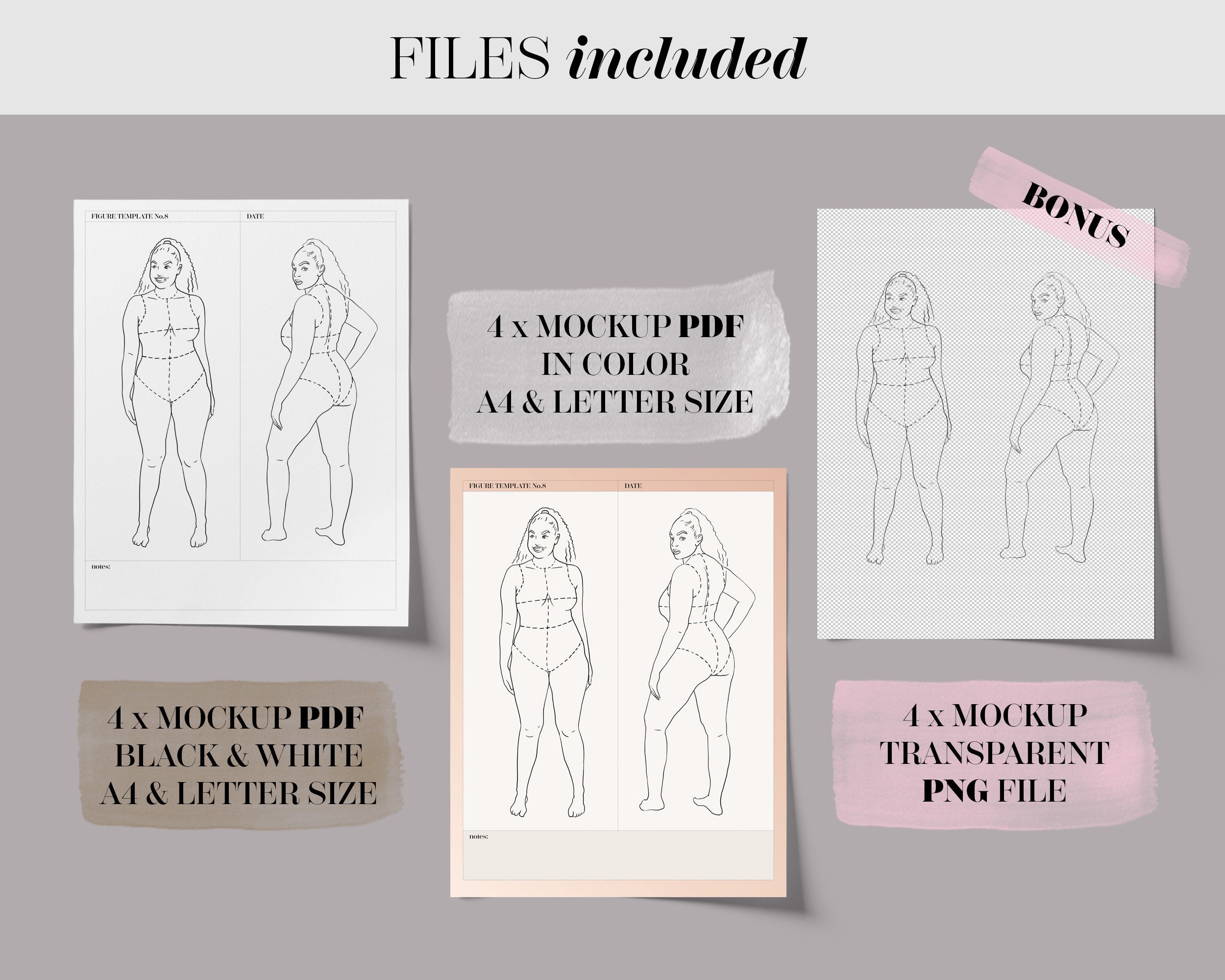 Curvy Printable Fashion Template Bundle Set of 4, Realistic Plus Size ...