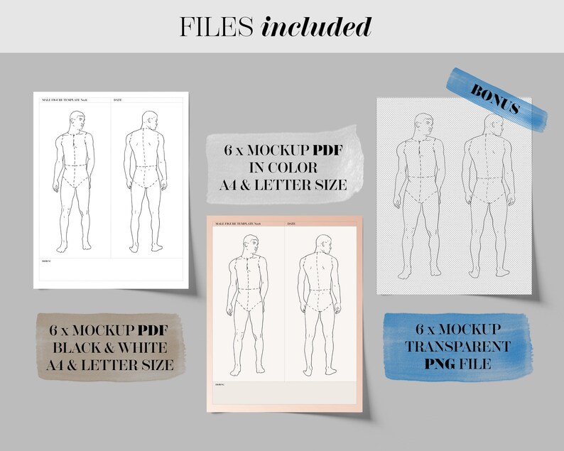 Realistic Men Body Fashion Figure Printable Template Bundle Set of 6 ...