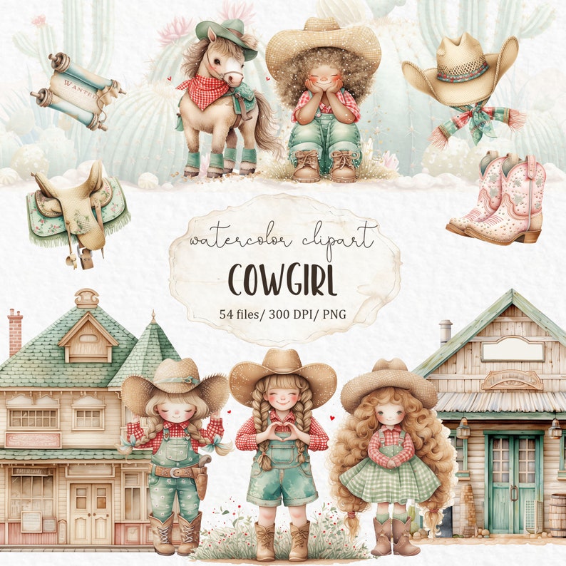 Cowgirl Watercolor Clipart - Cowgirl Boots Hat Kids Country Png Baby ...