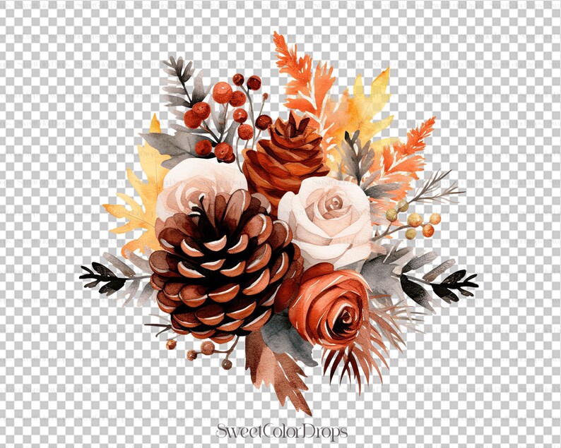 Pine Cone Bouquets Watercolor Clipart PNG Fall Bouquet - Etsy
