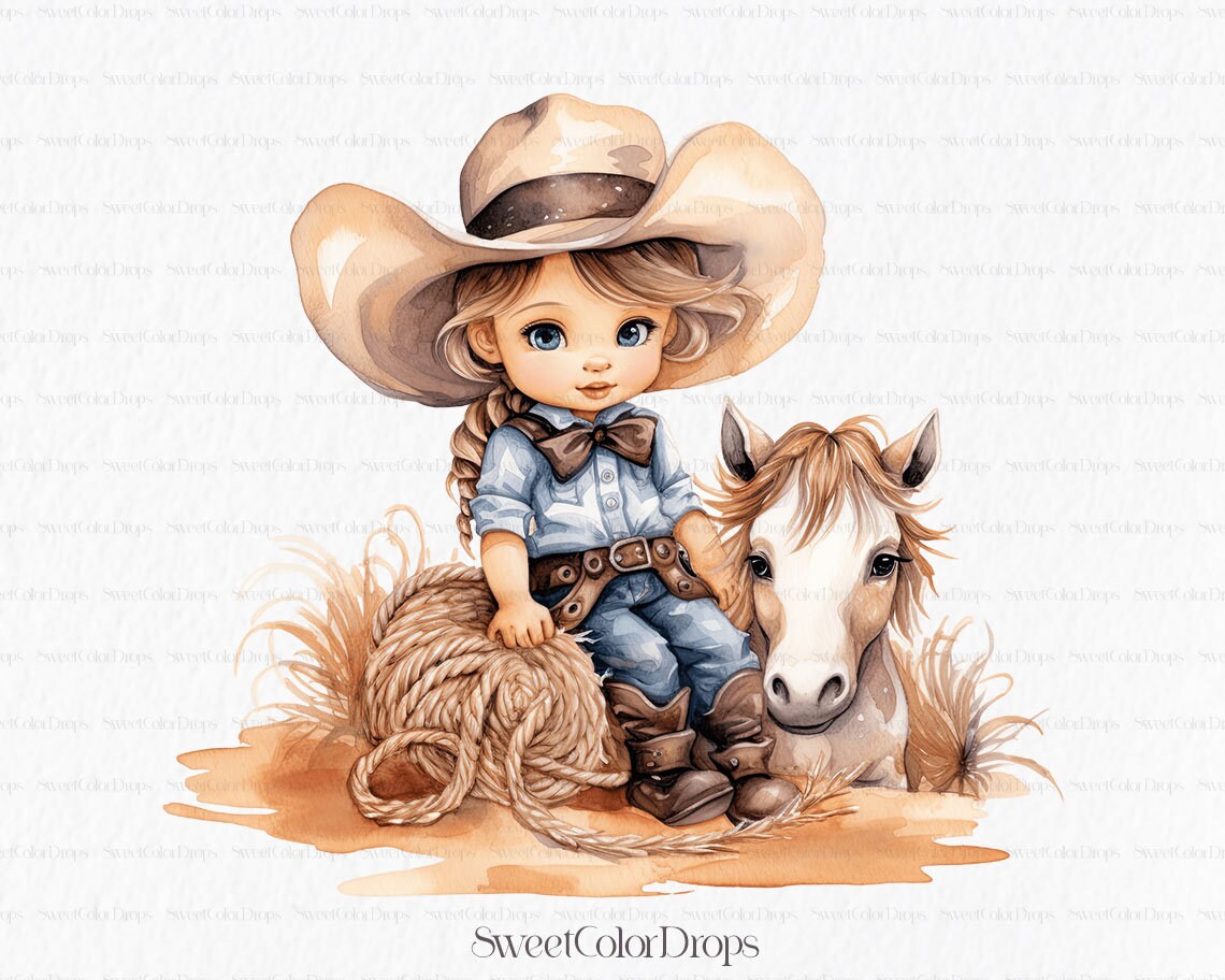 Little Cowboys Watercolor Clipart PNG - Cute Girl Farm Nursery Decor ...