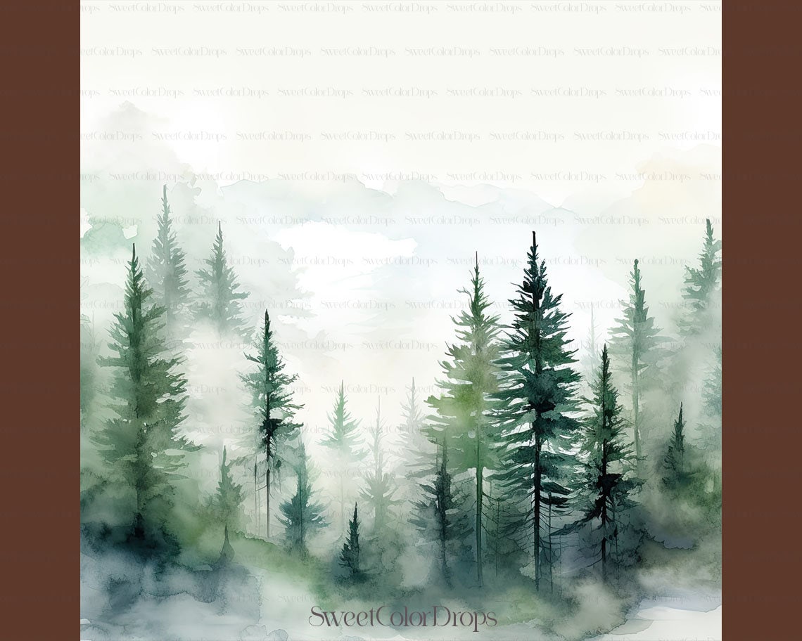 Forest Landscape Watercolor Clipart Pine Tree Foggy Forest Greenery ...