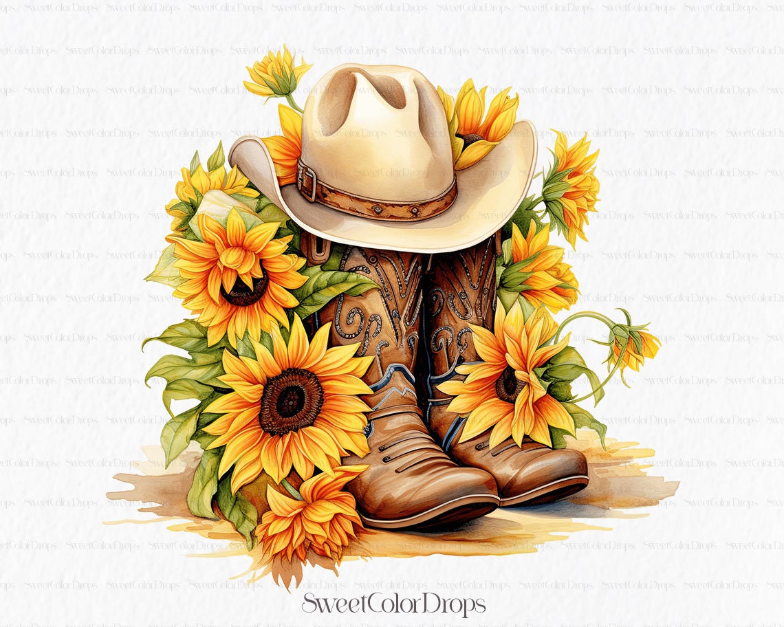 Cowboy Boots Watercolor Clipart PNG - Cowboy Hat Sunflowers Wild West ...