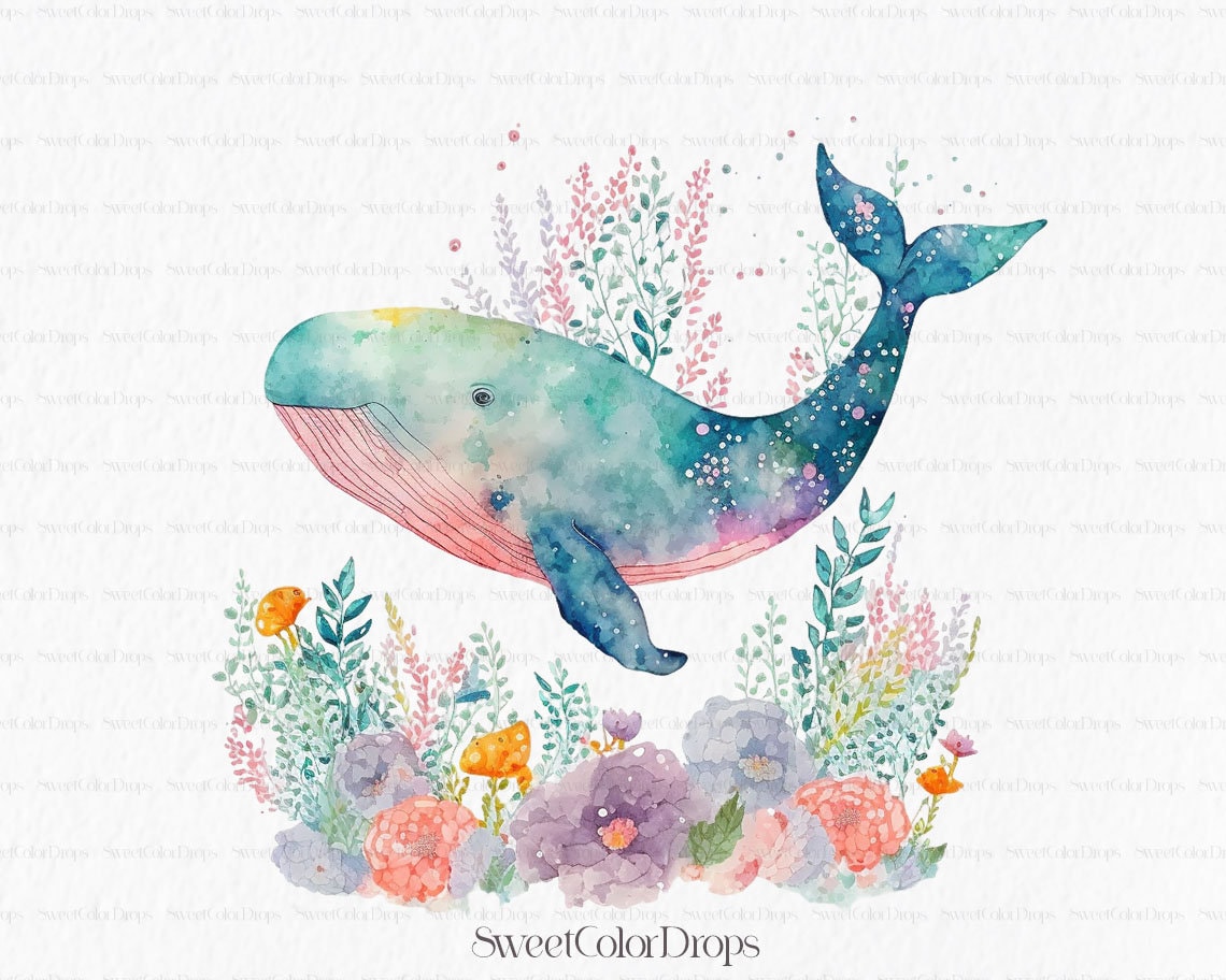 Baby Whale Watercolor Clipart PNG - Cute Nursery Wall Art Cartoon ...