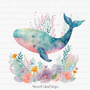 Baby Whale Watercolor Clipart PNG - Cute Nursery Wall Art Cartoon ...