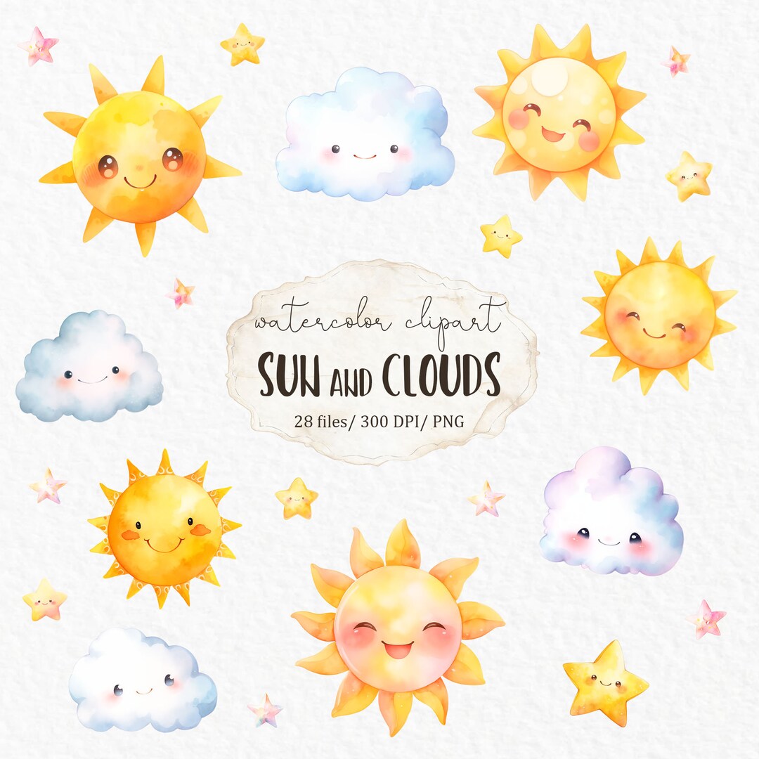 Sun Cloud Watercolor Clipart PNG w48 - Etsy