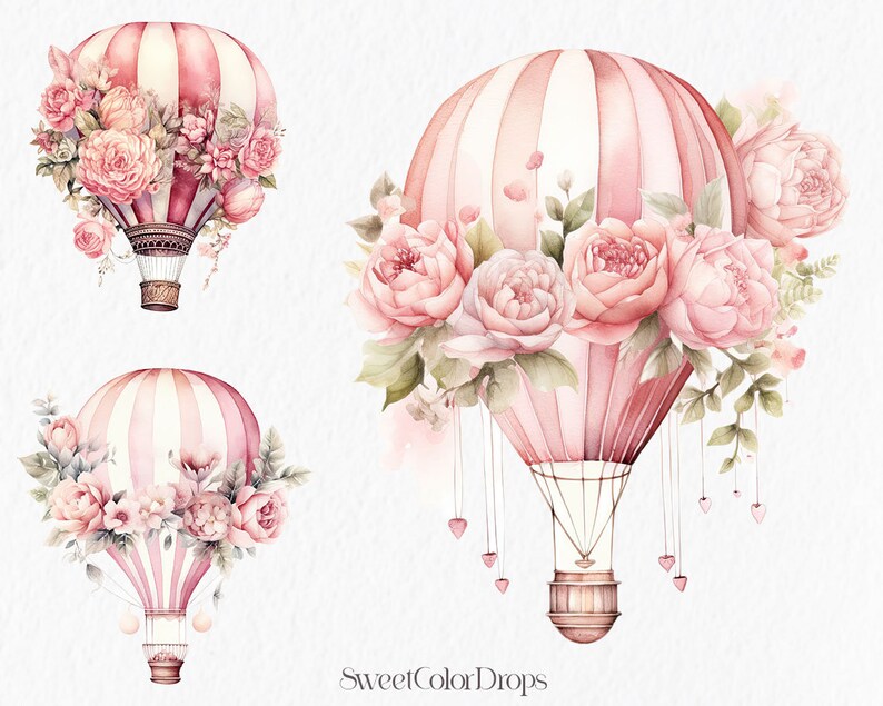 Pink Hot Air Balloon Watercolor Clipart PNG - Flower Baby Shower ...