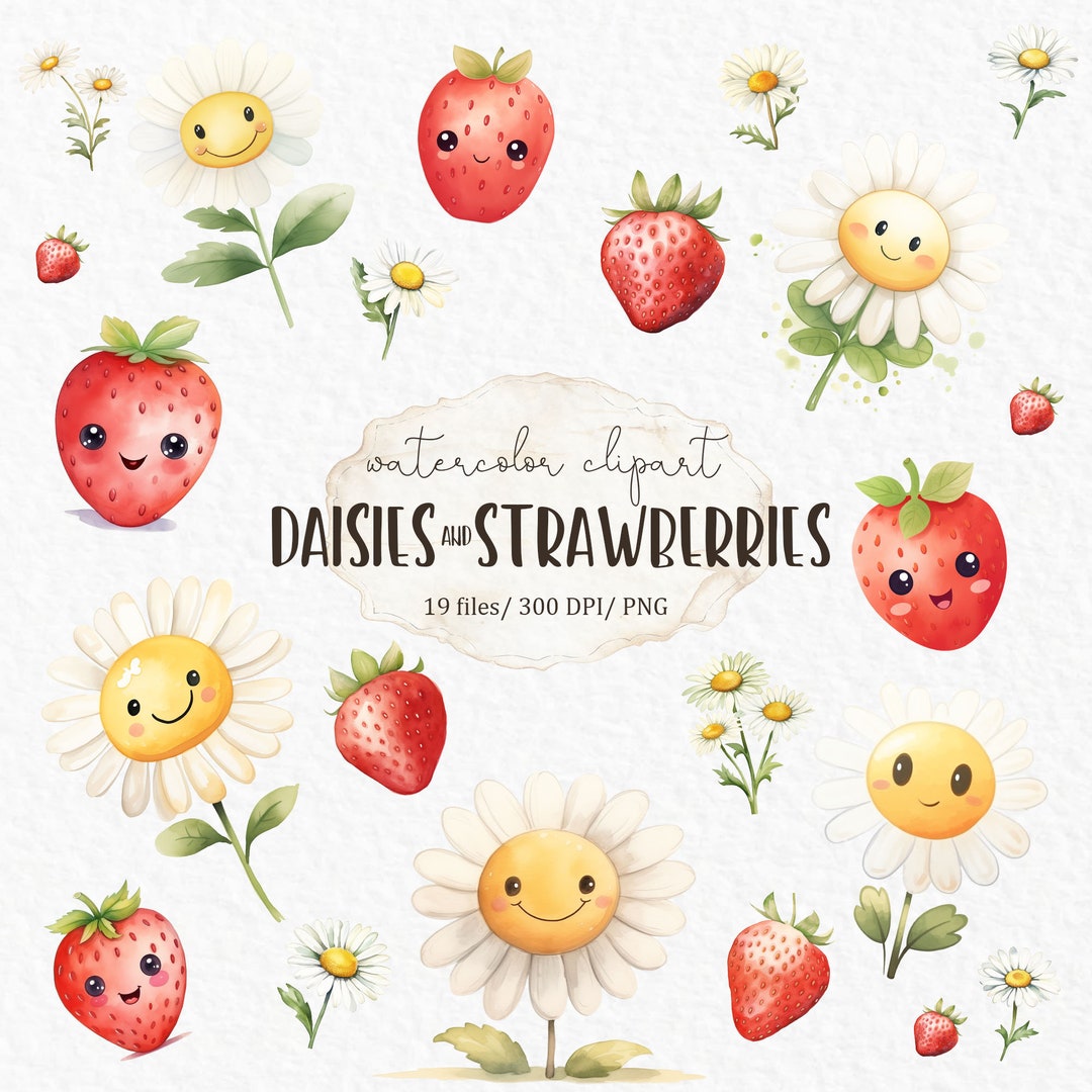 Berry First Birthday Watercolor Clipart - Strawberry Daisy Baby Shower ...