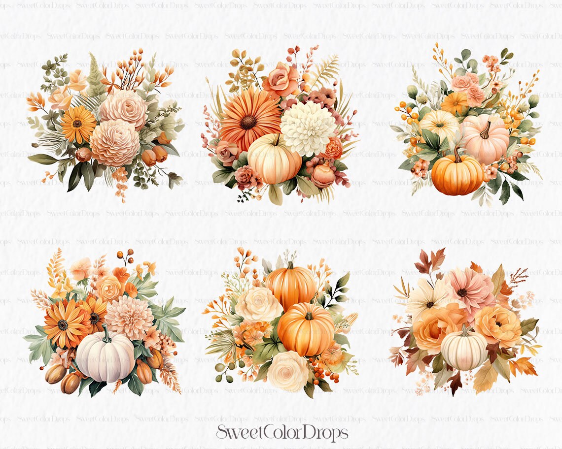 Pastel Pumpkin Watercolor Clipart PNG Autumn Thanksgiving Fall Floral ...