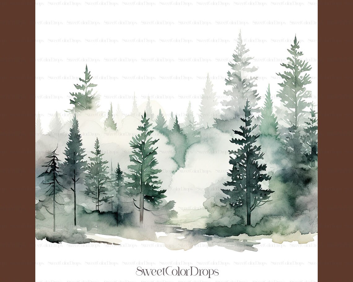 Forest Landscape Watercolor Clipart Pine Tree Foggy Forest Greenery ...