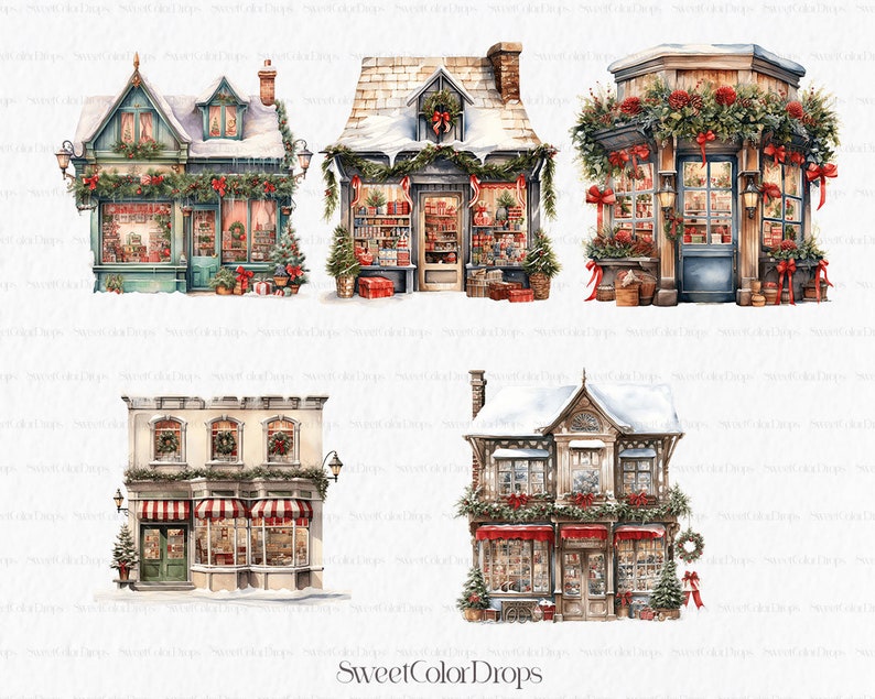 Christmas Shops Watercolor Clipart PNG - Christmas Storefront Festive ...