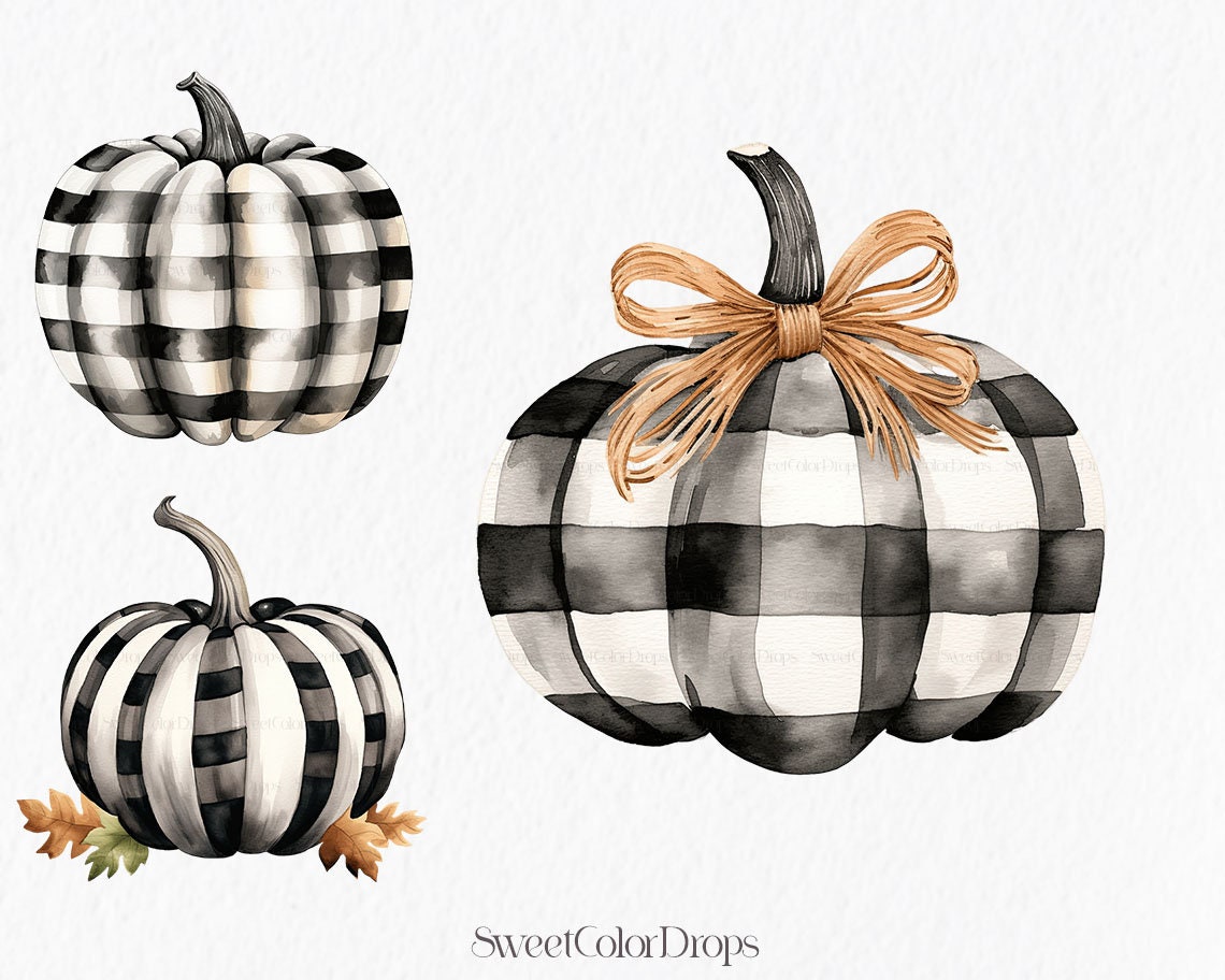 Plaid Pumpkin Watercolor Clipart PNG - Buffalo Plaid Black White Autumn ...