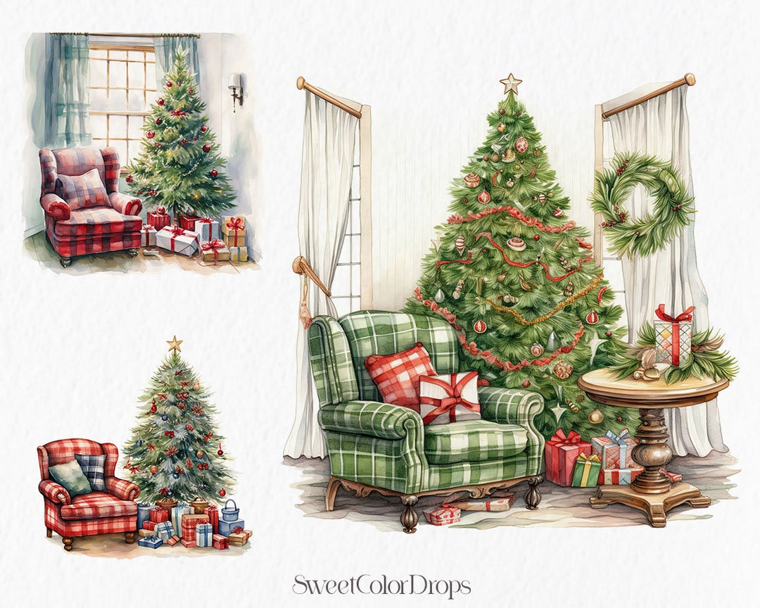 Christmas Home Scene Watercolor Clipart PNG Festive Winter Background ...