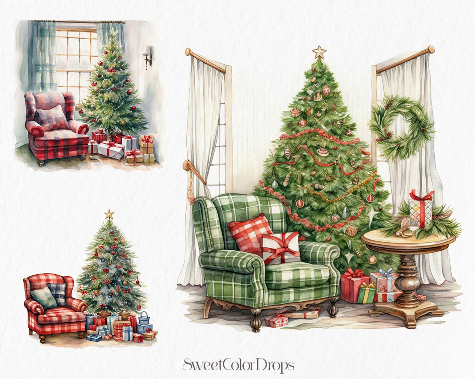 Christmas Home Scene Watercolor Clipart PNG - Festive Winter Background ...