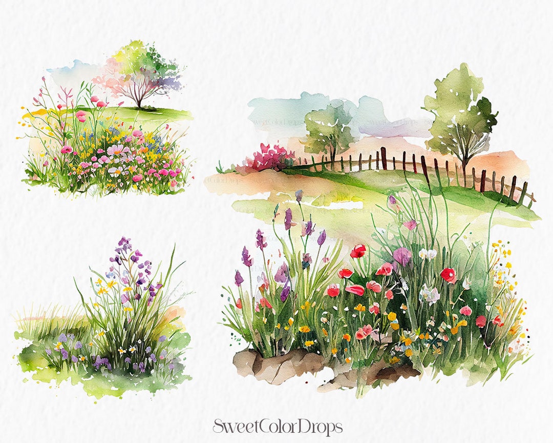 Meadow Flower Watercolor Clipart PNG Field Landscape Wildflowers Summer ...