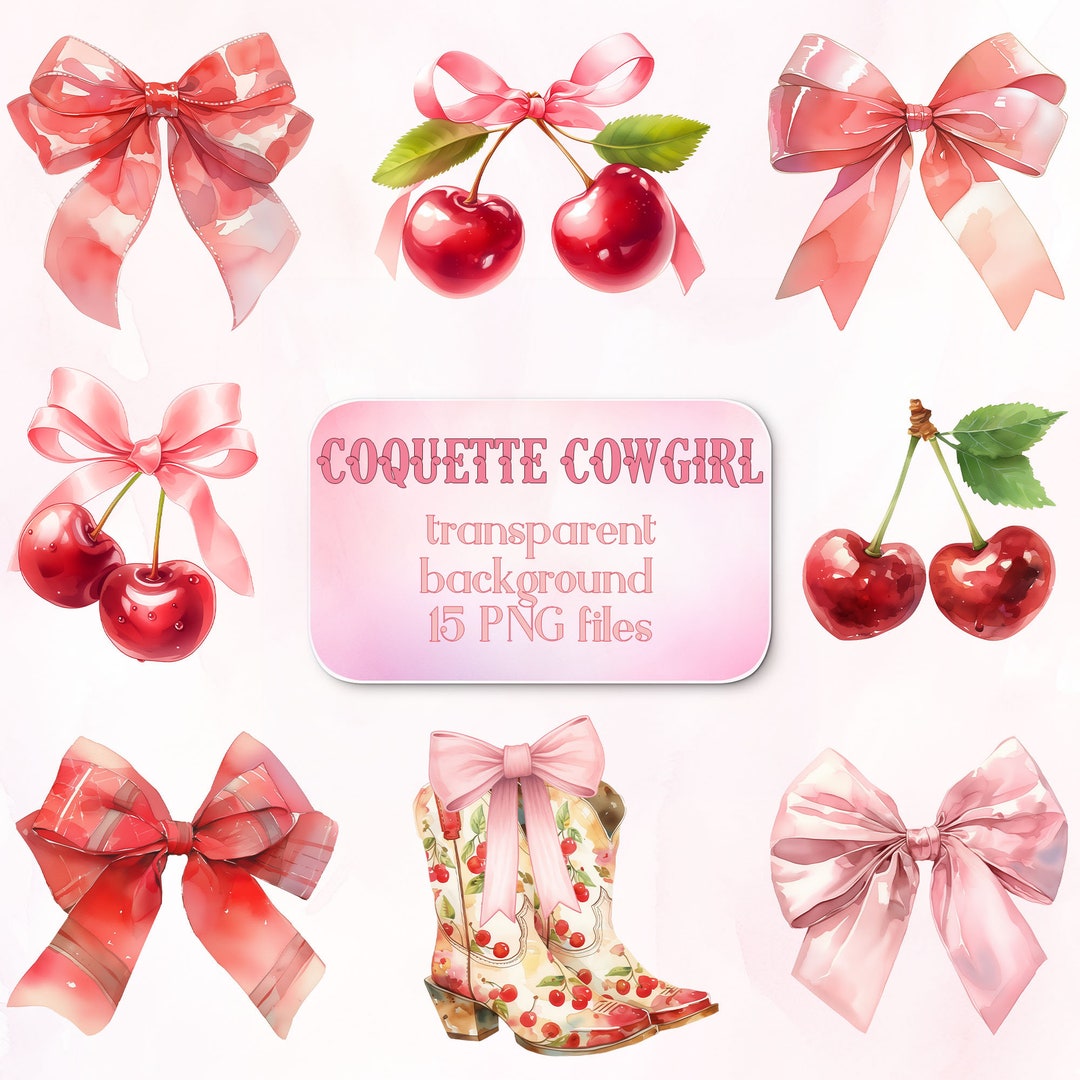 Coquette Cowgirl Png - Cherry Bow Watercolor Clipart Cowgirl Boots ...