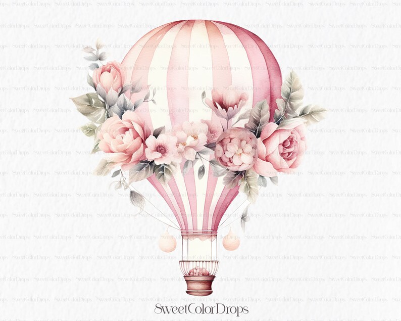 Pink Hot Air Balloon Watercolor Clipart PNG - Flower Baby Shower ...