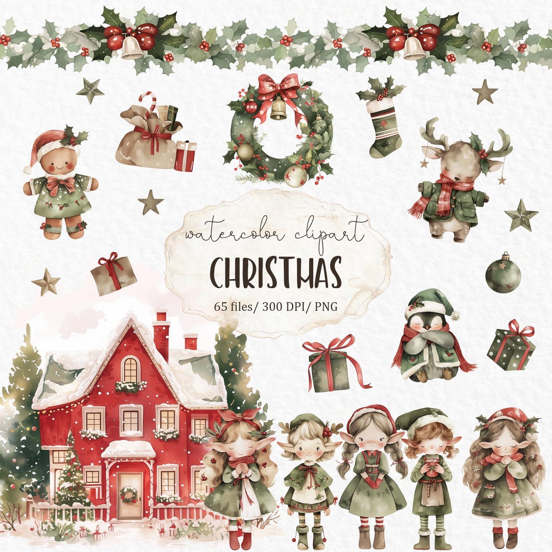 Cute Christmas Clipart for Kids Watercolor PNG #w62 - Etsy