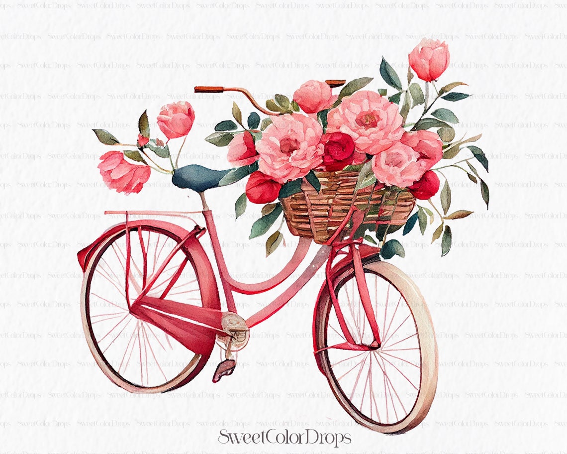 Watercolor Spring Bike With Flowers Spring Card. Digital - Etsy
