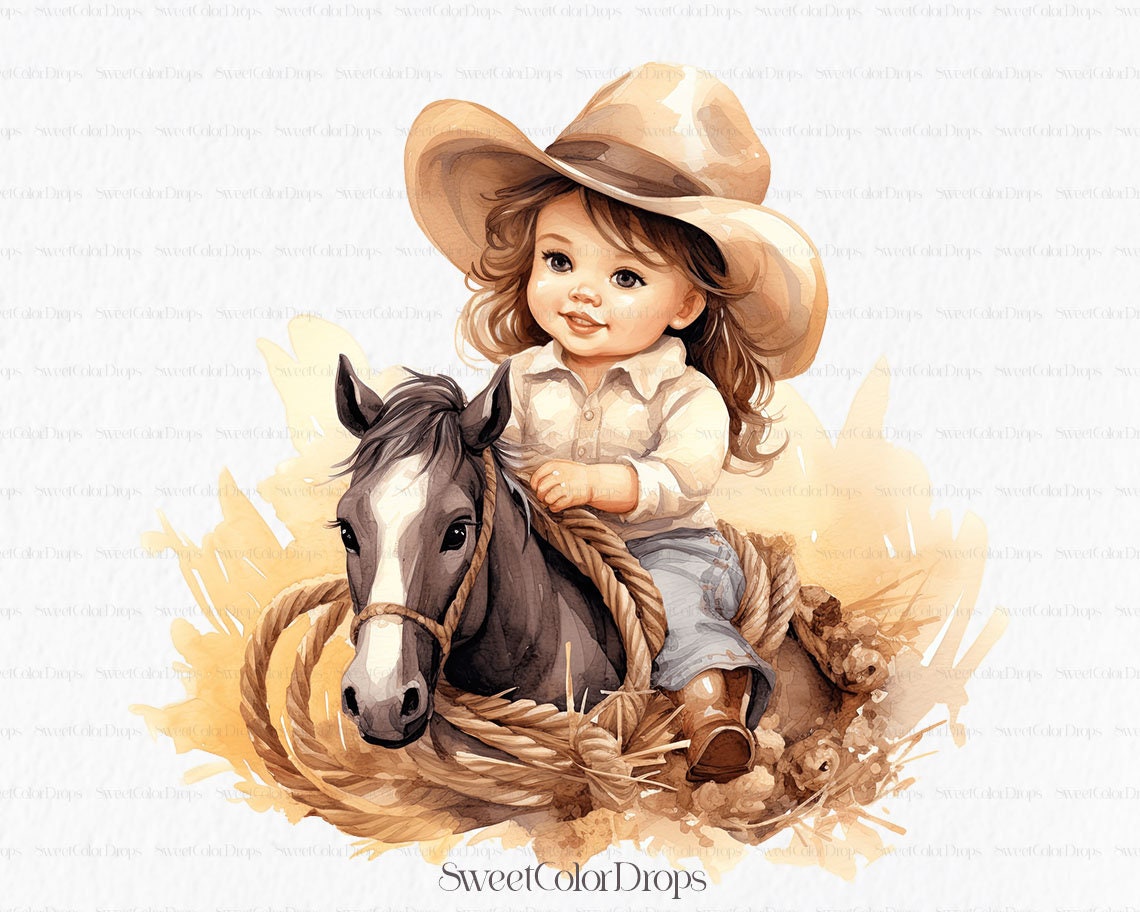 Little Cowboys Watercolor Clipart PNG - Cute Girl Farm Nursery Decor ...