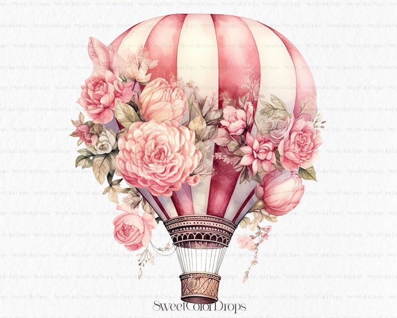 Pink Hot Air Balloon Watercolor Clipart PNG - Flower Baby Shower ...