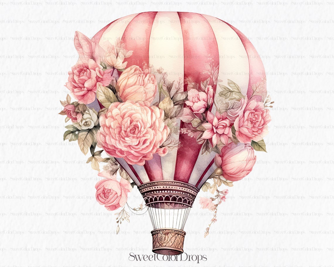 Pink Hot Air Balloon Watercolor Clipart PNG - Flower Baby Shower ...
