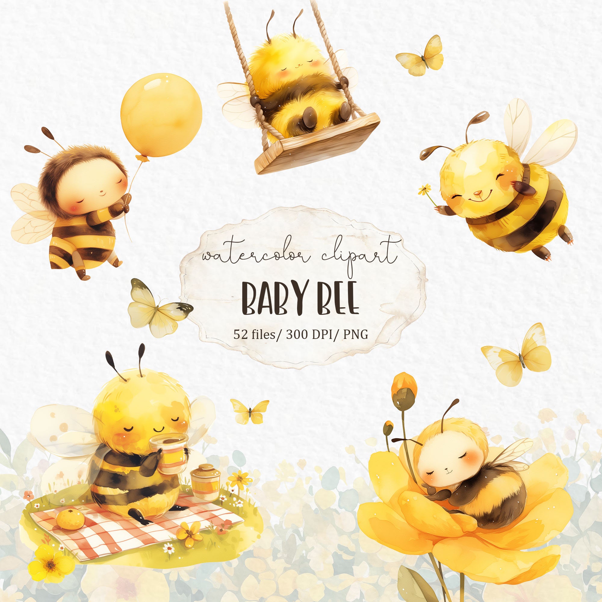 Bee Baby Shower Watercolor Clipart Bumble Bee Cute Animals Kawaii ...