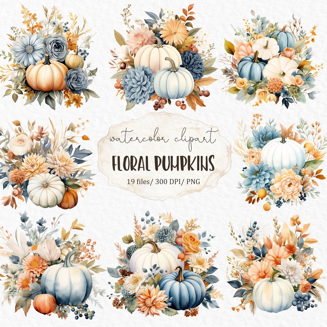 Floral Pumpkin Watercolor Clipart PNG - White Blue Orange Pumpkin Fall ...