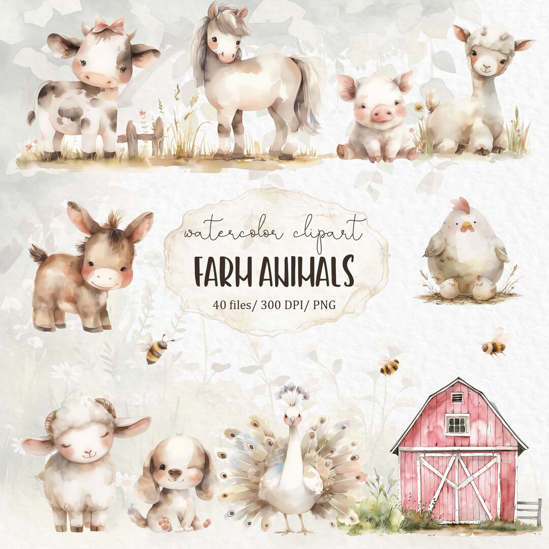 Farm Animal Watercolor Clipart PNG - #w45 - Etsy