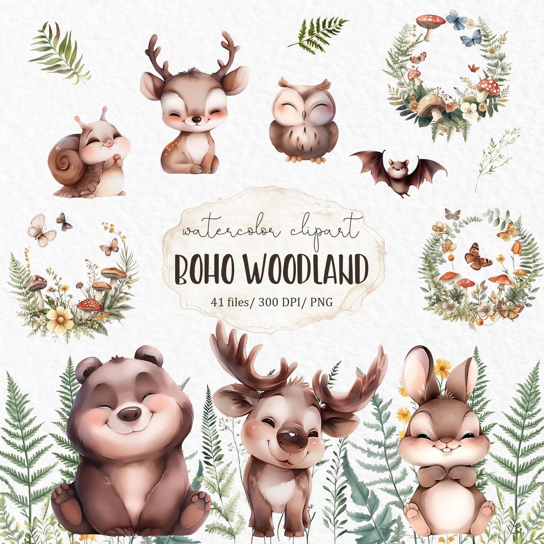 Boho Woodland Animal Watercolor Clipart PNG - #w59 - Etsy