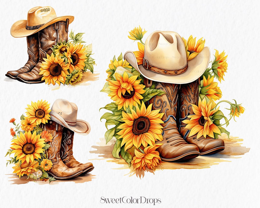 Cowboy Boots Watercolor Clipart PNG Cowboy Hat Sunflowers Wild West Western Yellow Floral ...