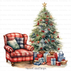 Christmas Home Scene Watercolor Clipart PNG - Festive Winter Background ...