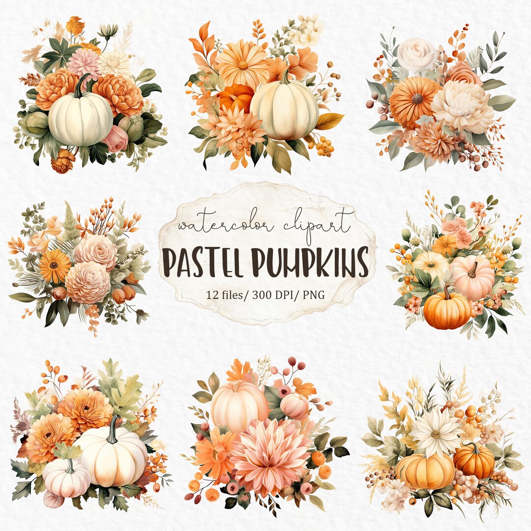 Pastel Pumpkin Watercolor Clipart PNG - Autumn Thanksgiving Fall Floral ...