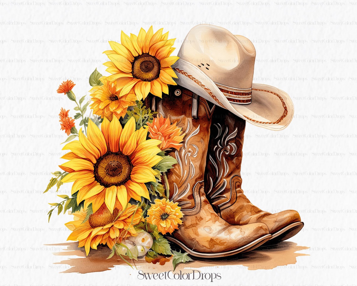 Cowboy Boots Watercolor Clipart PNG Cowboy Hat Sunflowers - Etsy