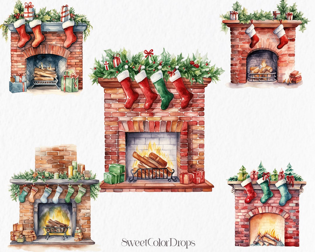 Christmas Fireplace Watercolor Clipart PNG Farmhouse Christmas Scene ...
