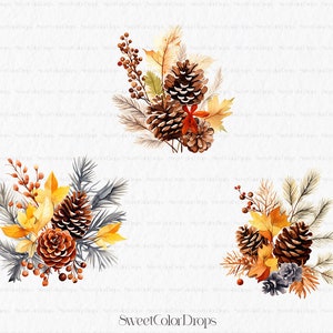 Pine Cone Bouquets Watercolor Clipart PNG - Fall Bouquet Autumn Flowers ...