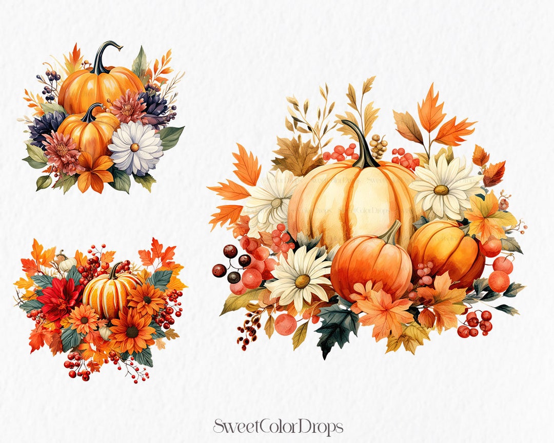 Floral Pumpkin Watercolor Clipart PNG Autumn Thanksgiving Fall Orange ...