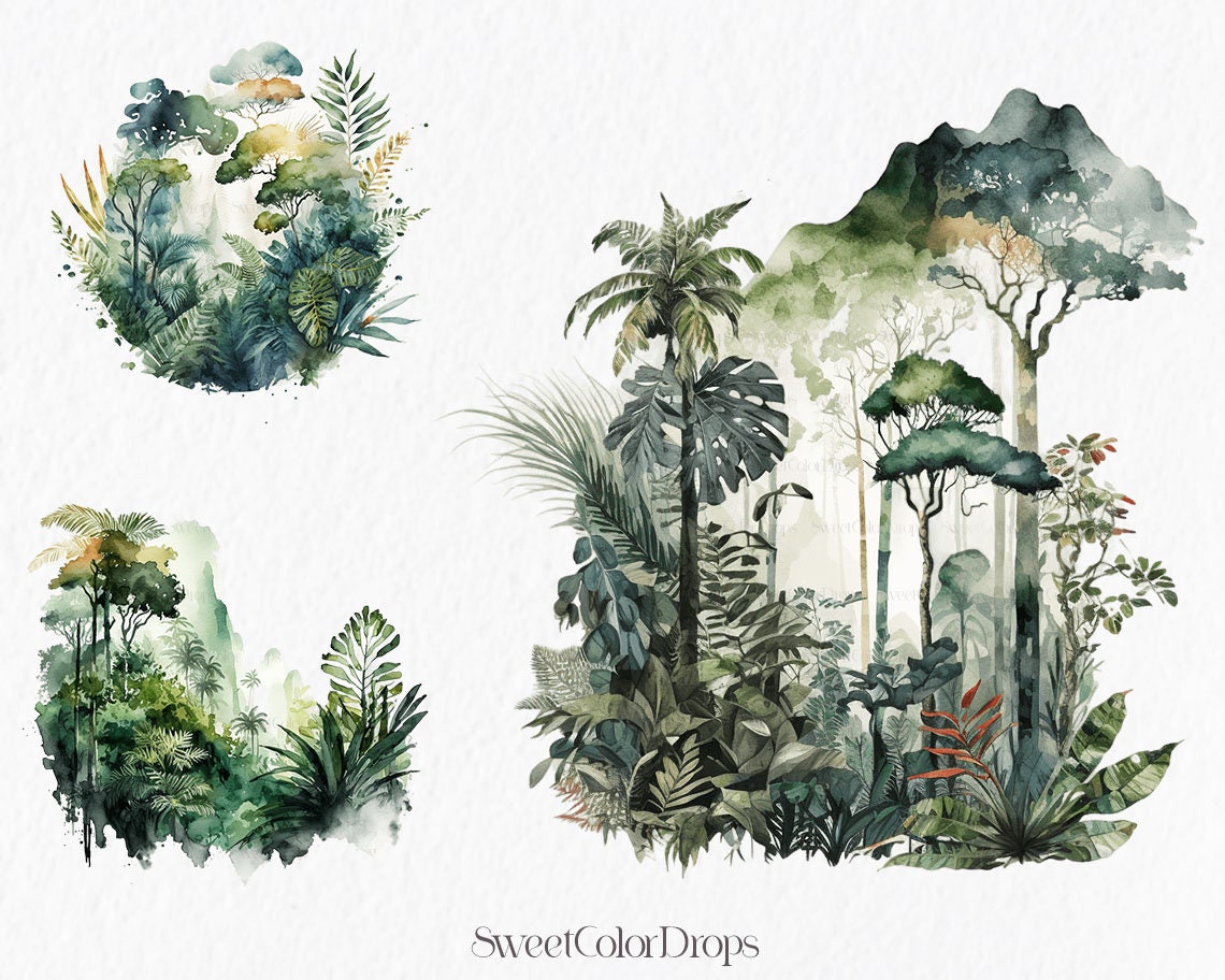Rain Forest Watercolor Clipart PNG - Greenery Summer Tropical Forest ...
