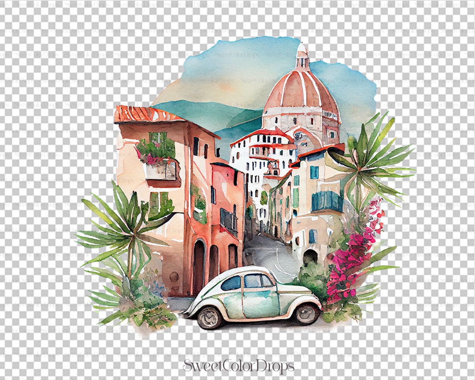 Italy Watercolor Clipart PNG Travel Tuscany Florence Summer Retro ...