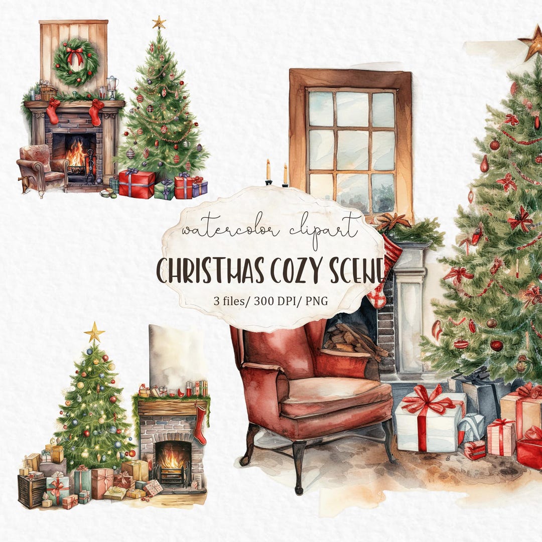 Christmas Cozy Scene Watercolor Clipart PNG - Cozy Winter Holiday ...