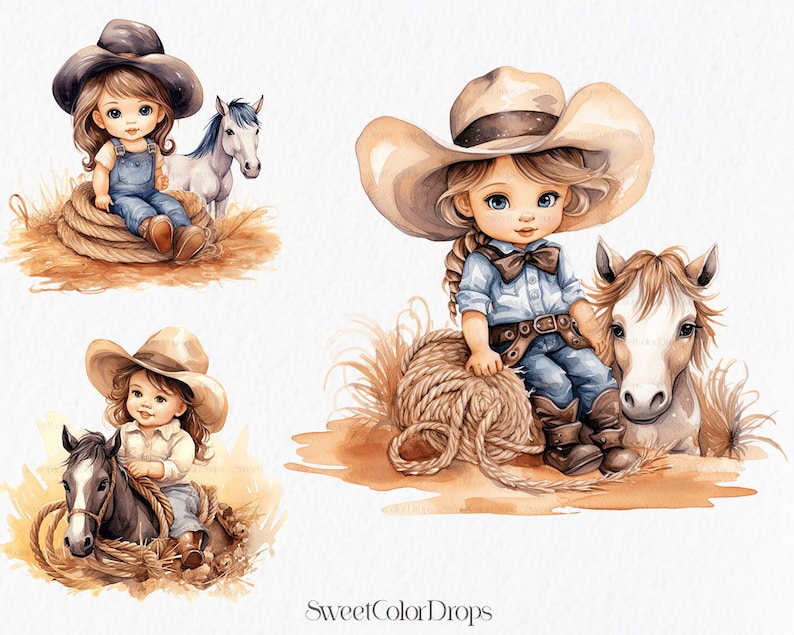 Little Cowboys Watercolor Clipart PNG - Cute Girl Farm Nursery Decor ...