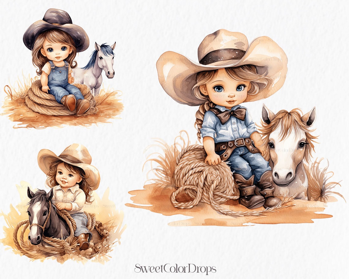 Little Cowboys Watercolor Clipart PNG - Cute Girl Farm Nursery Decor ...