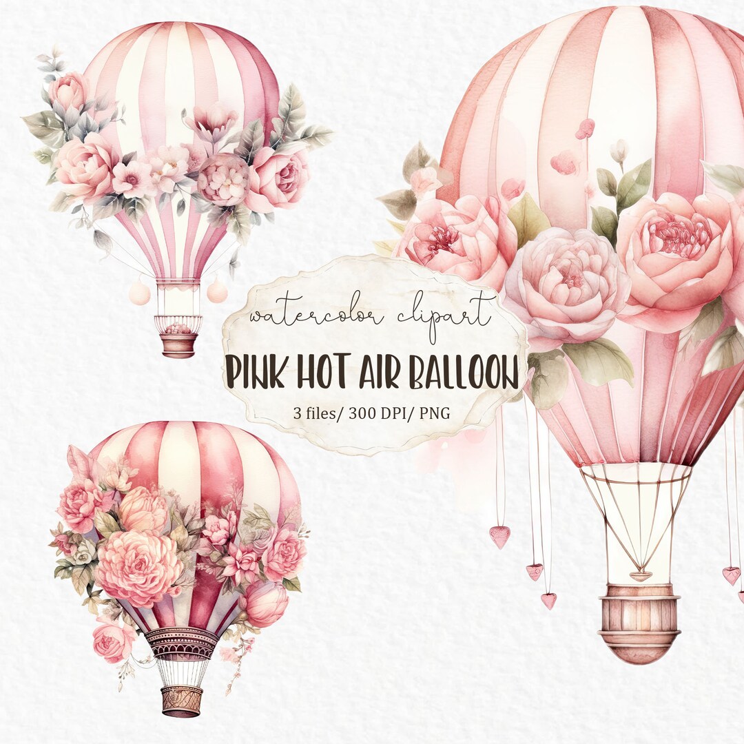 Pink Hot Air Balloon Watercolor Clipart PNG - Flower Baby Shower ...