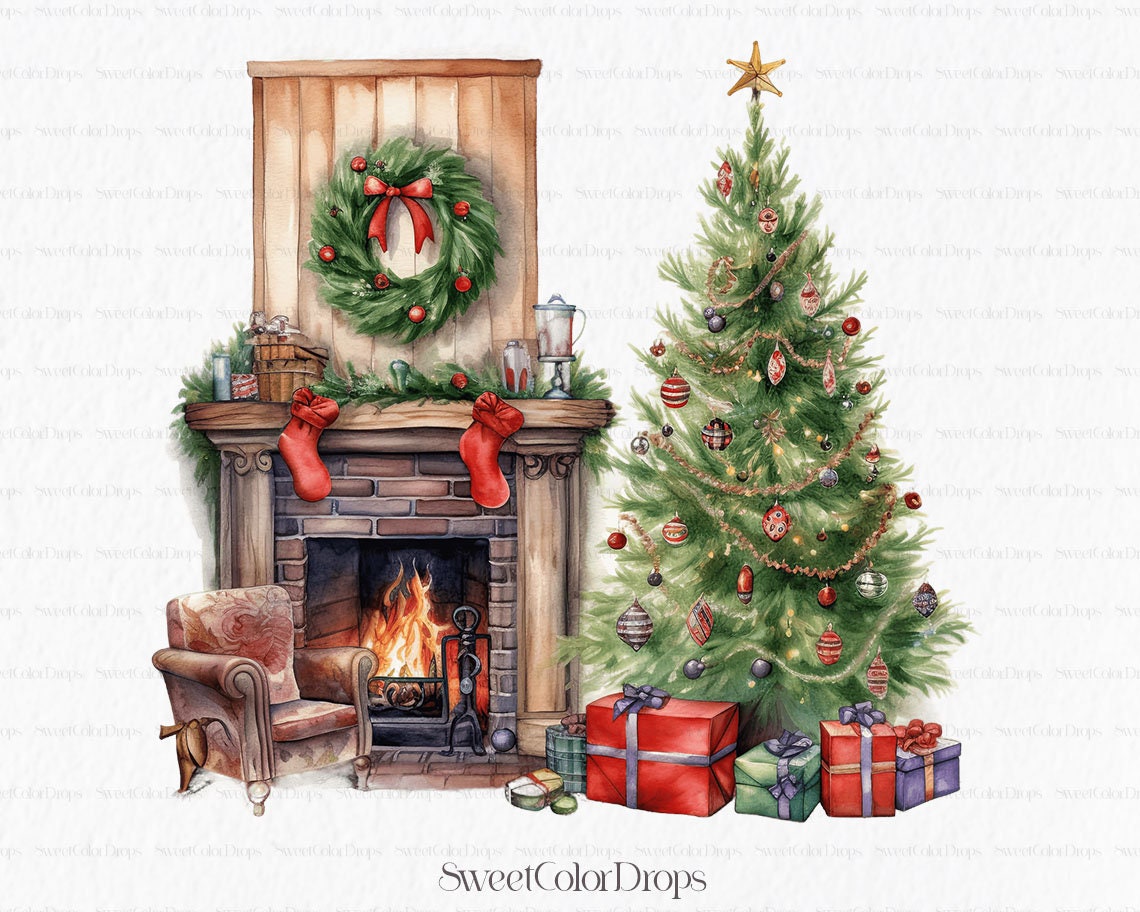 Christmas Cozy Scene Watercolor Clipart PNG - Cozy Winter Holiday ...