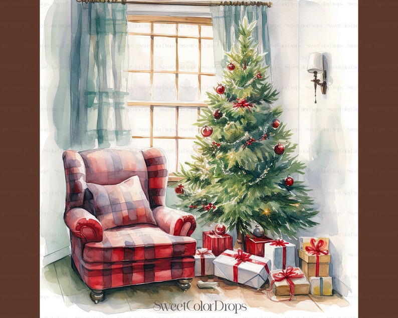 Christmas Home Scene Watercolor Clipart PNG - Festive Winter Background ...