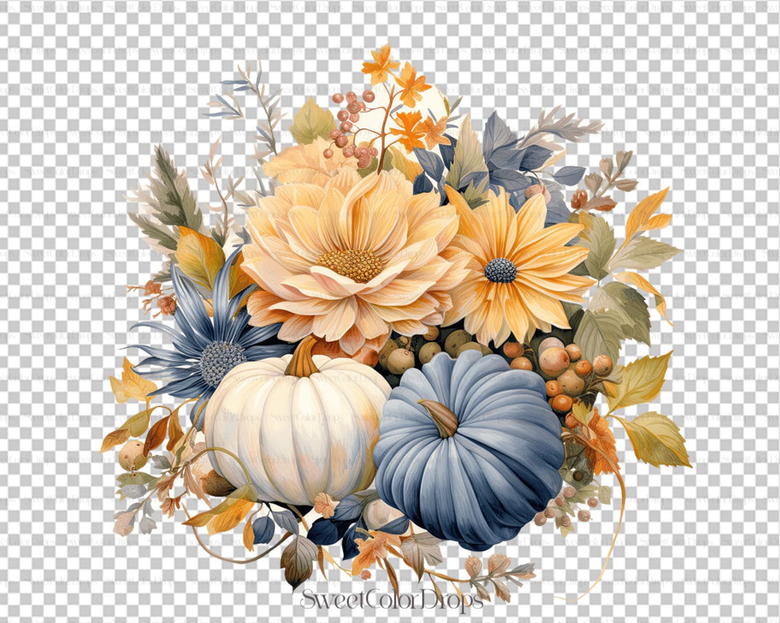 Floral Pumpkin Watercolor Clipart PNG - White Blue Orange Pumpkin Fall ...