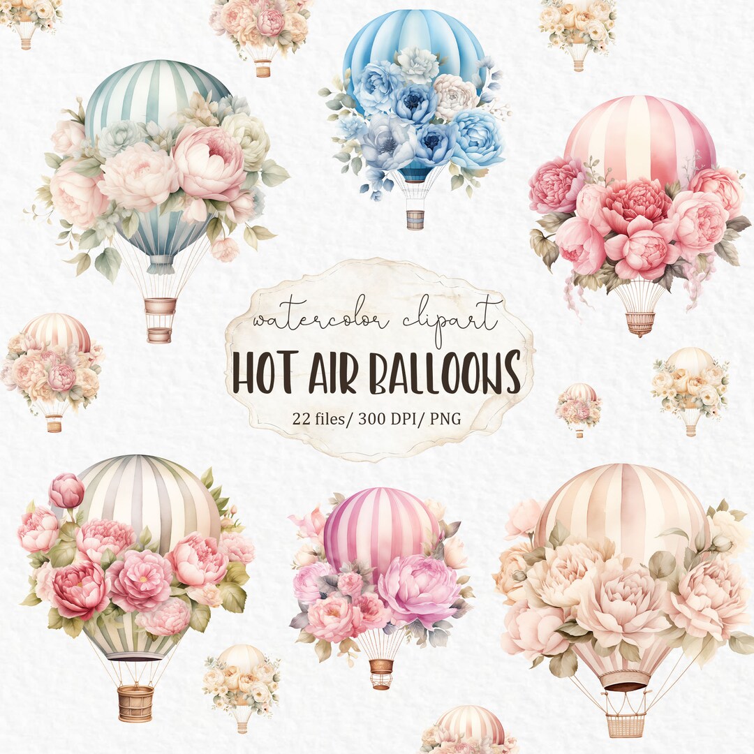 Floral Hot Air Balloon Png - Boho Pink Blue Neutral Beige Girl Baby ...