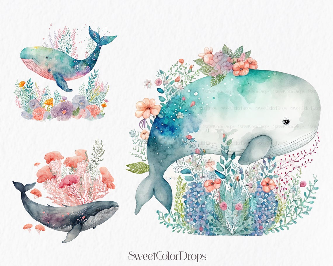 Baby Whale Watercolor Clipart PNG - Cute Nursery Wall Art Cartoon ...