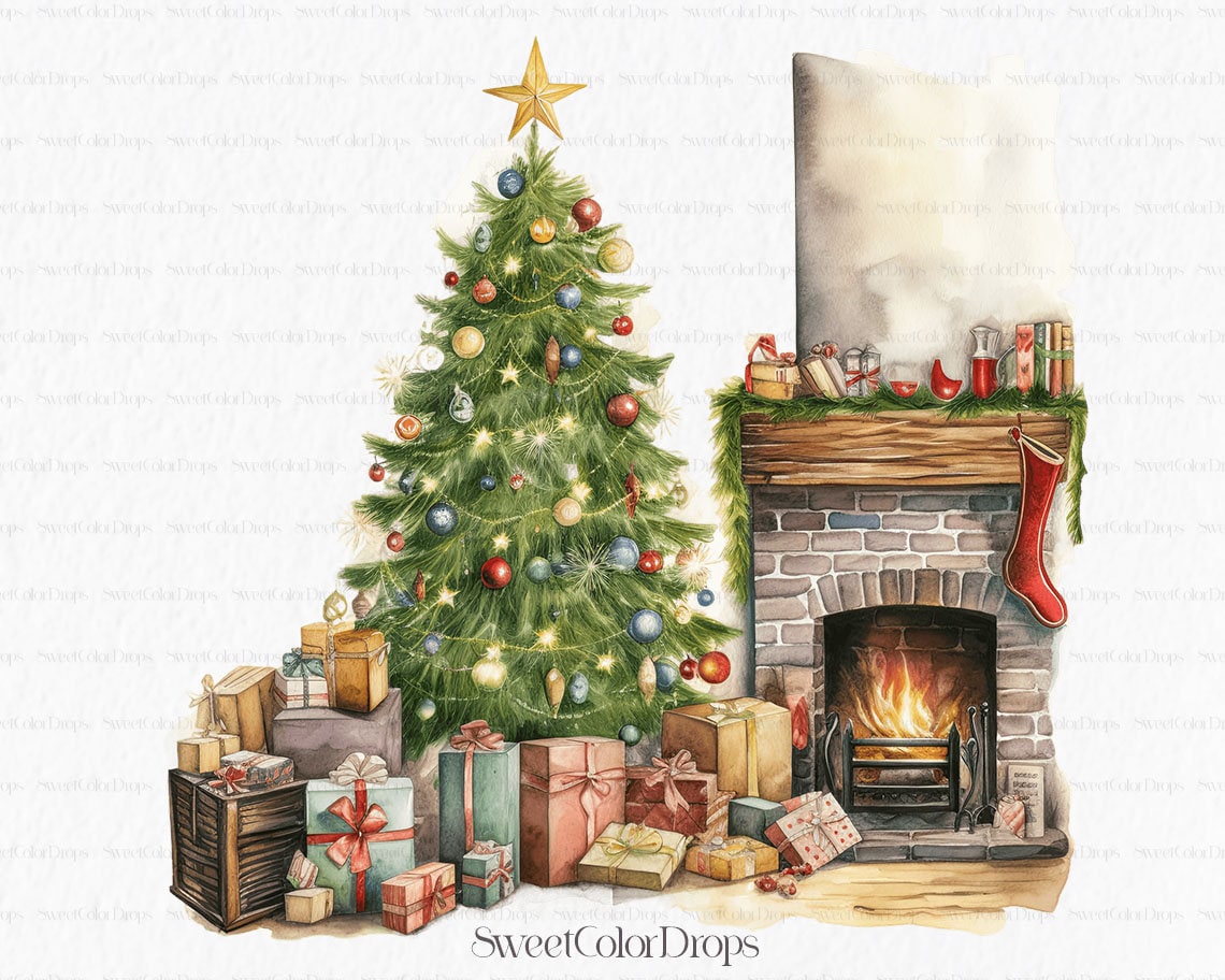 Christmas Cozy Scene Watercolor Clipart PNG - Cozy Winter Holiday ...