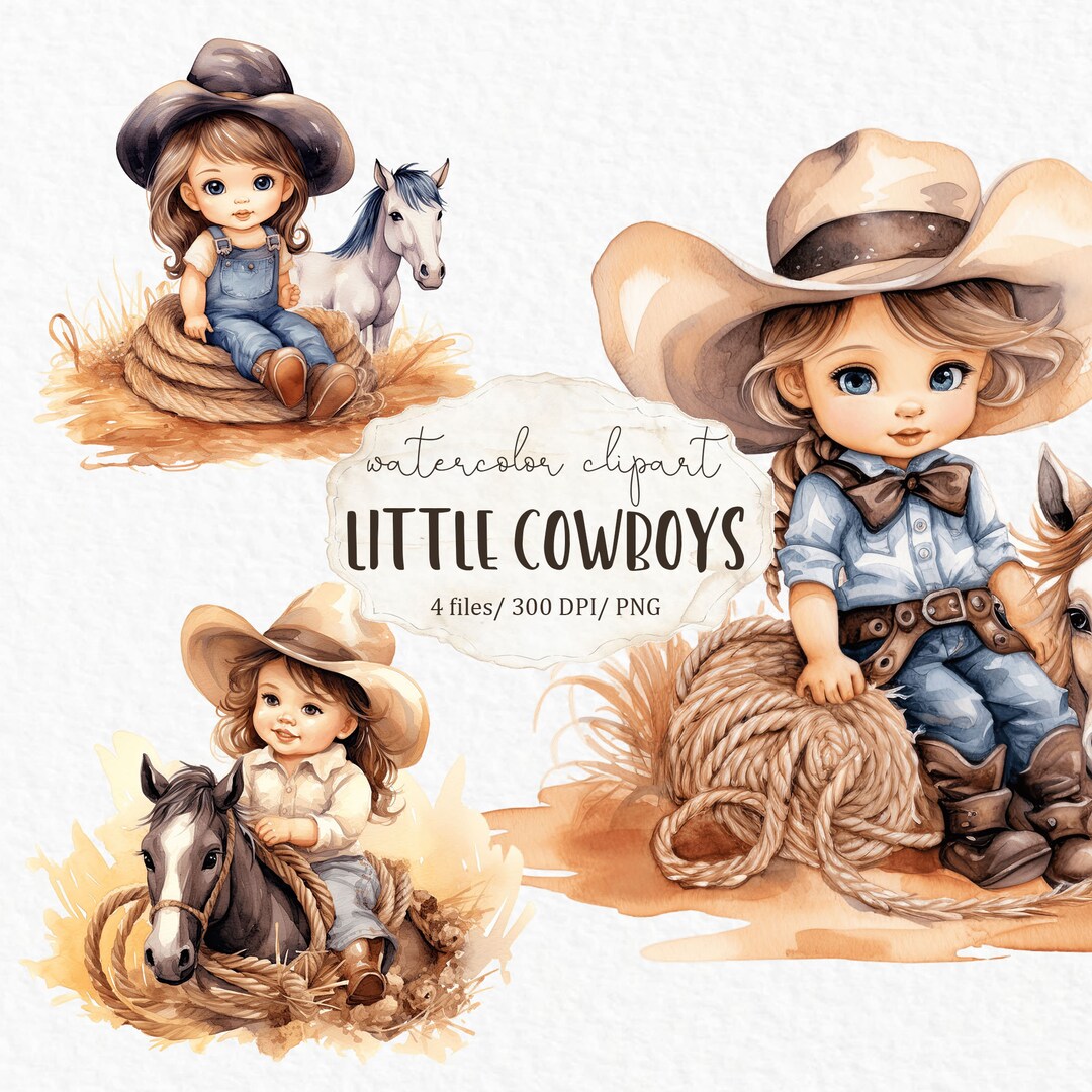 Little Cowboys Watercolor Clipart PNG - Cute Girl Farm Nursery Decor ...